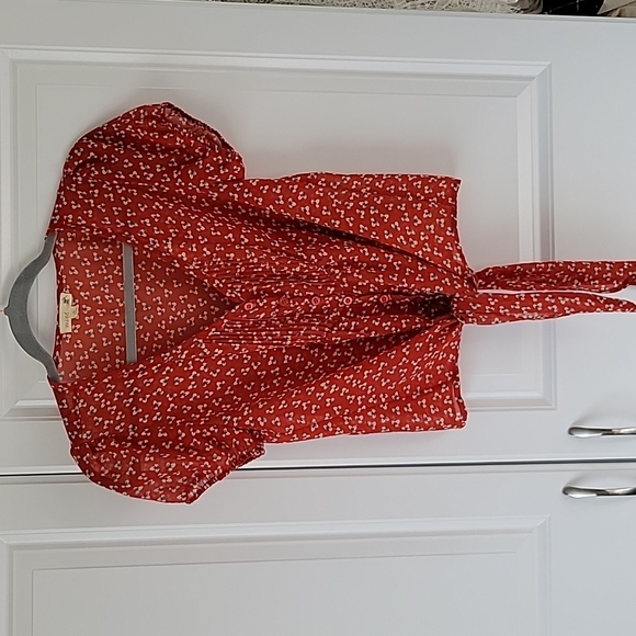 Tops | Red Floral Sheer Blouse With Front Buttons And Tie | Poshmark